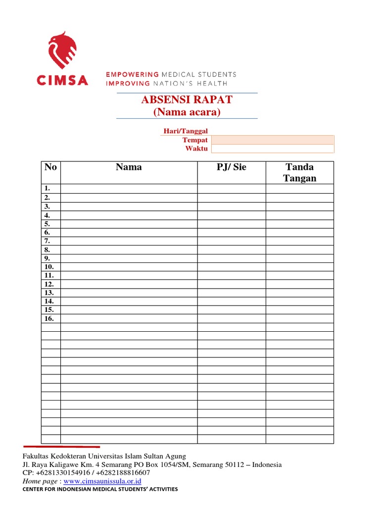 Absensi Rapat (Nama Acara) : No Nama PJ/ Sie Tanda Tangan | PDF