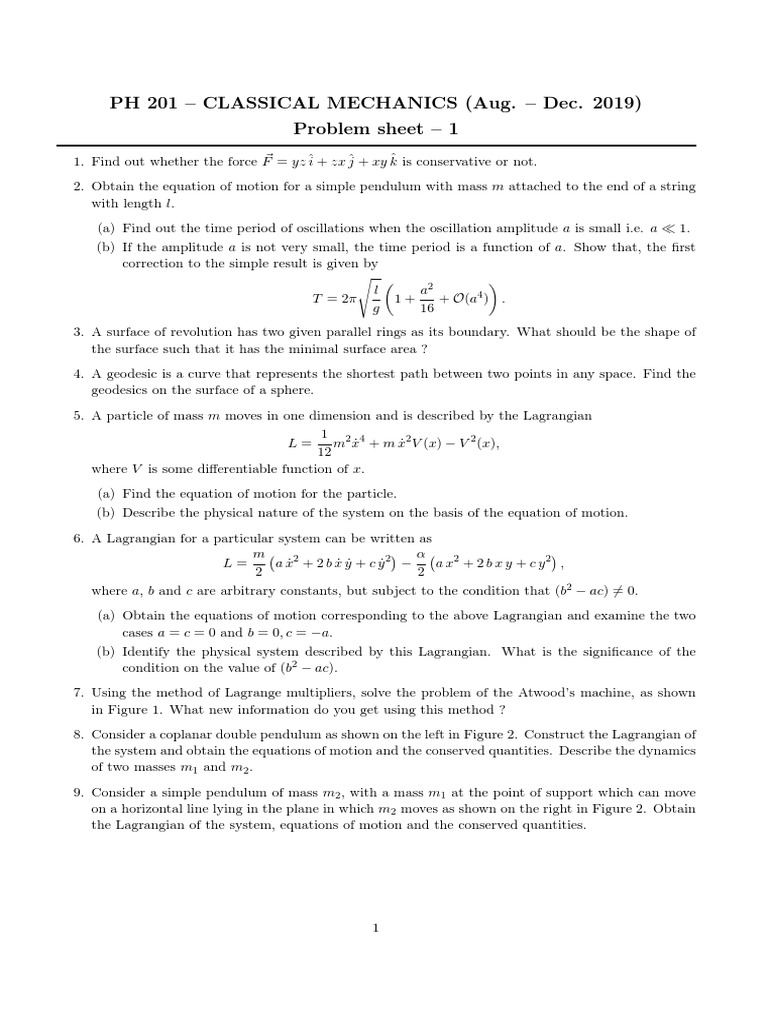 PH 201 - CLASSICAL MECHANICS (Aug. - Dec. 2019) Problem Sheet - 1 | PDF | Lagrangian Mechanics ...