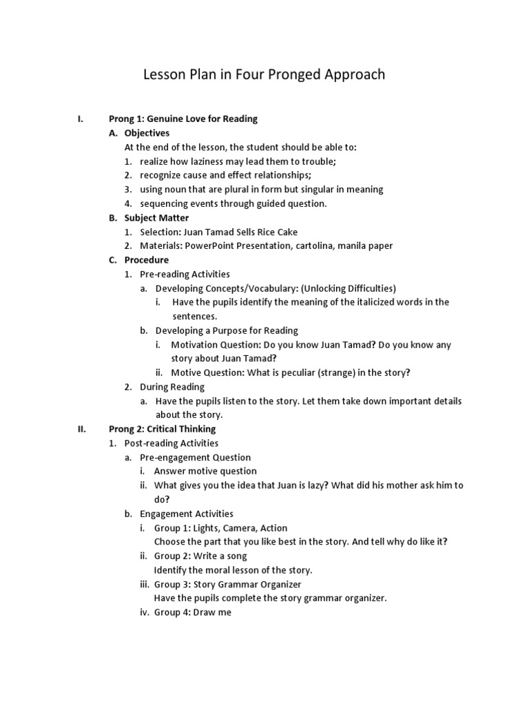 Four-Pronged Reading Lesson Plan | PDF | Question | Lesson Plan