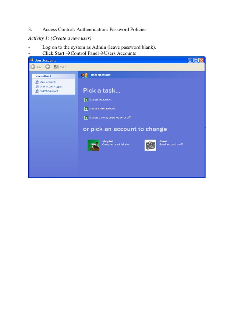 Activity 1: (Create A New User) : 3. Access Control: Authentication: Password Policies | PDF ...