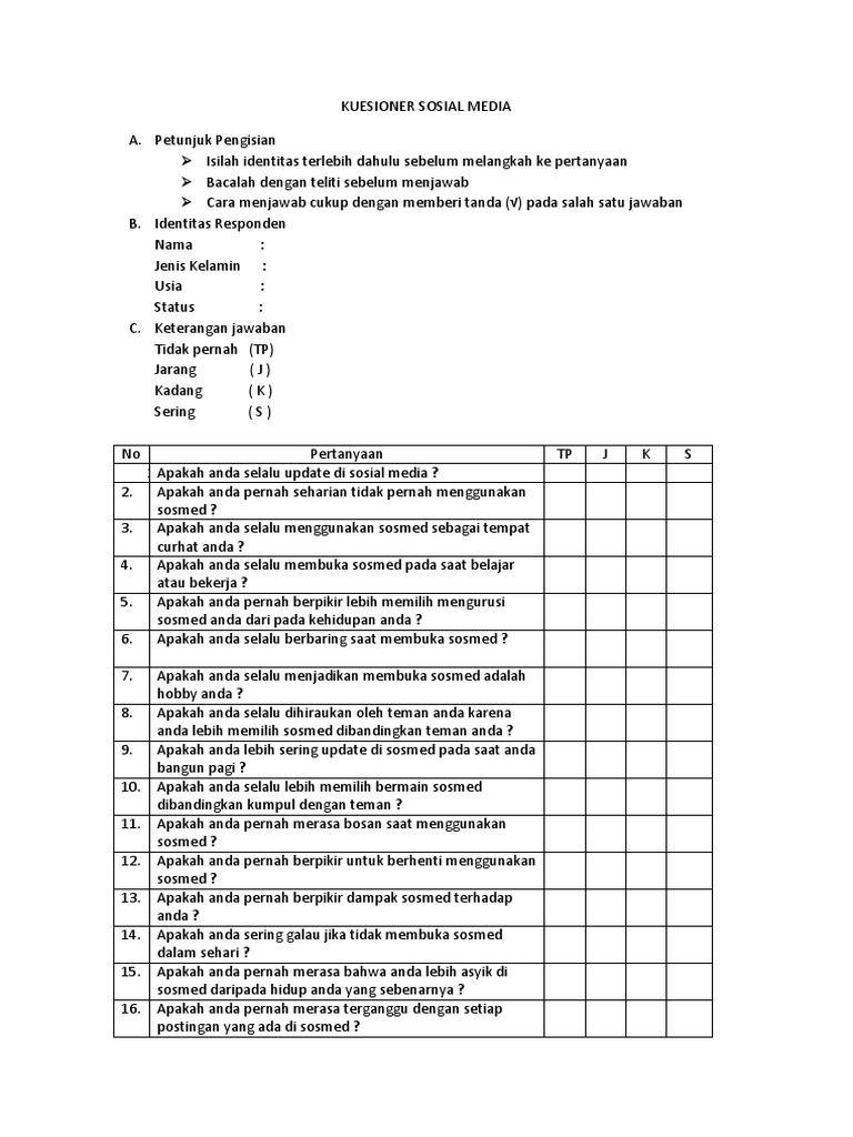 Kuesioner Sosial Media (Sonia) | PDF