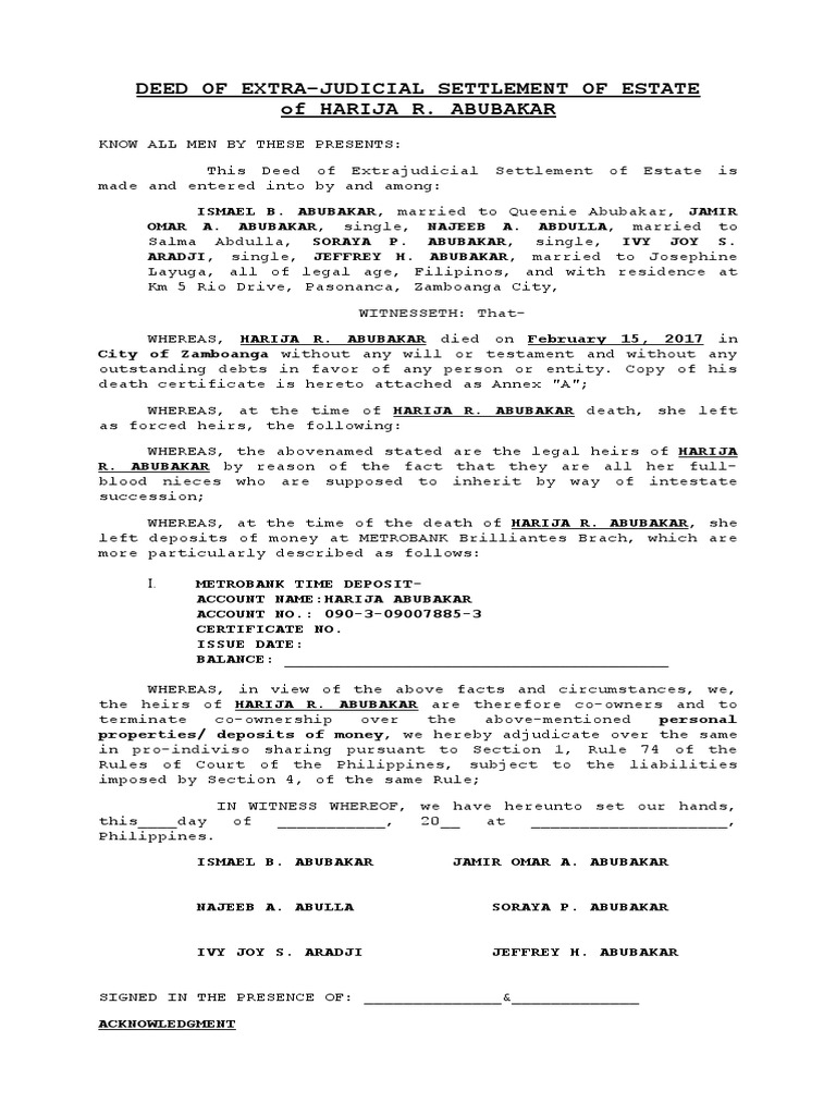 Deed Of Extra-Judicial Settlement Of Estate Of Harija R. Abubakar ...