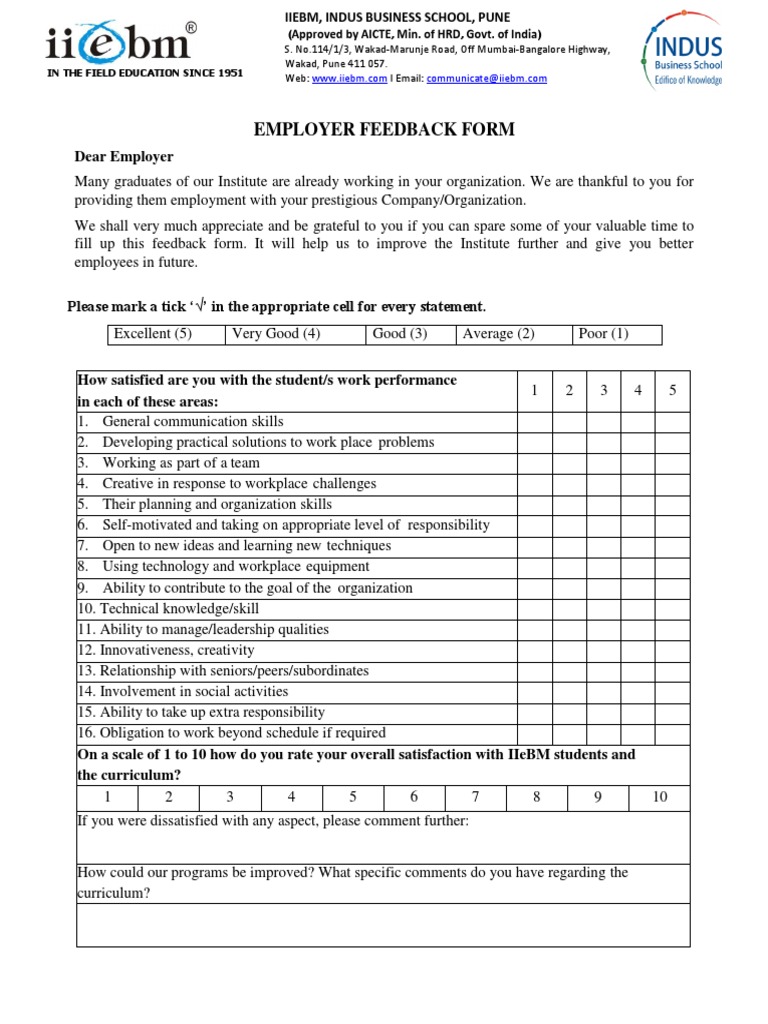 Employer Feedback Form: (Approved by AICTE, Min. of HRD, Govt. of India) | PDF | Employment ...