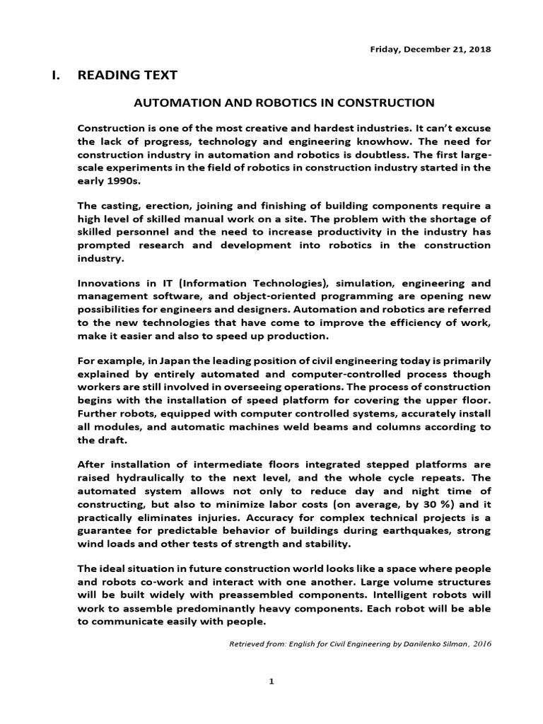 Automation And Robotics In Construction Pdf Automation Robotics
