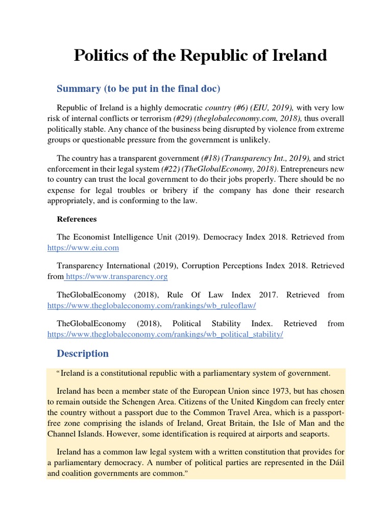 Politics of The Republic of Ireland: Summary (To Be Put in The Final ...