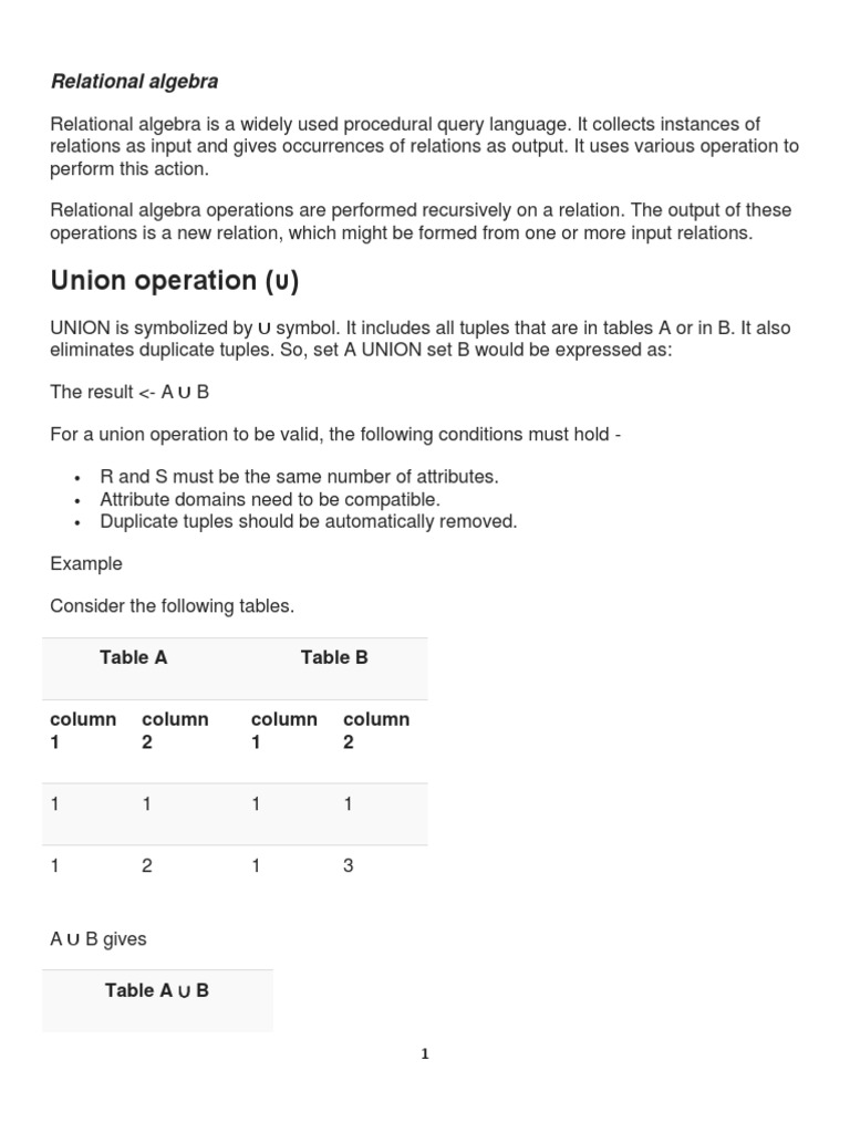 Union operation (υ) : Relational algebra | PDF | Relational Model ...