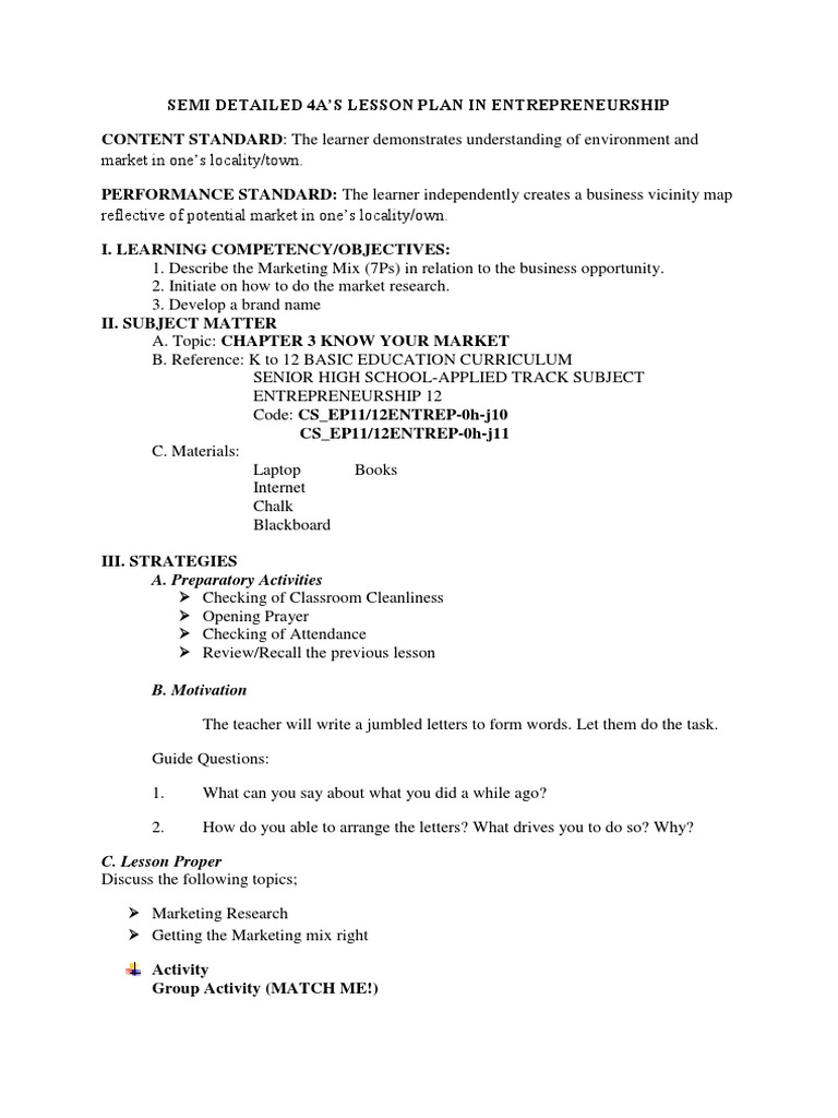 Semi Detailed 4a's Entrep Part 2 | PDF | Lesson Plan | Pedagogy