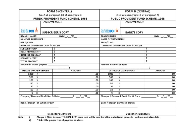 Public Provident Fund Scheme Form Document Providing Subscriber and ...