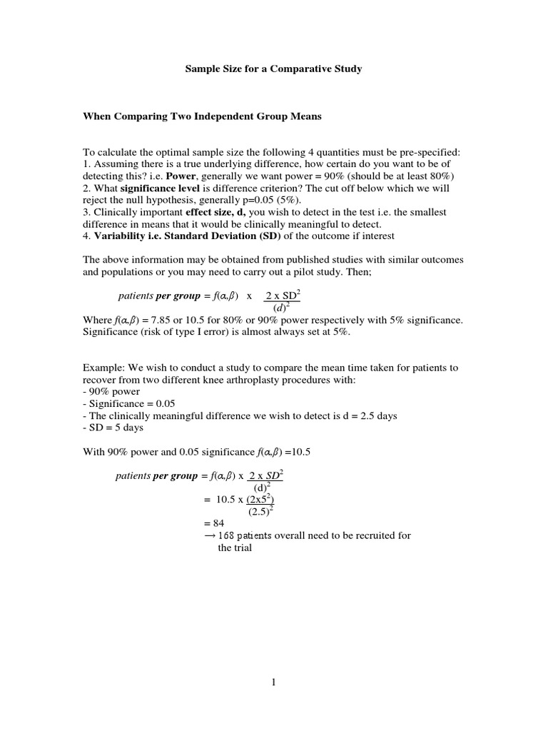 Sample Size Formula For A Comparative Study PDF | PDF | Statistical ...