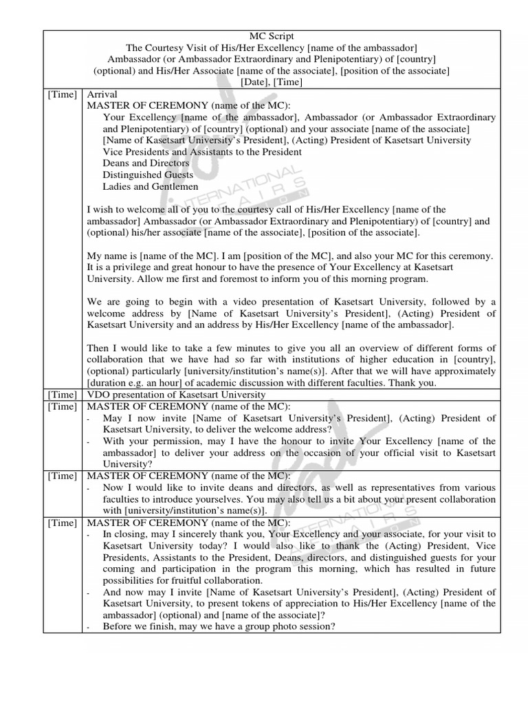 MC Script Template For An Ambassadors Courtesy Visit PDF | PDF ...