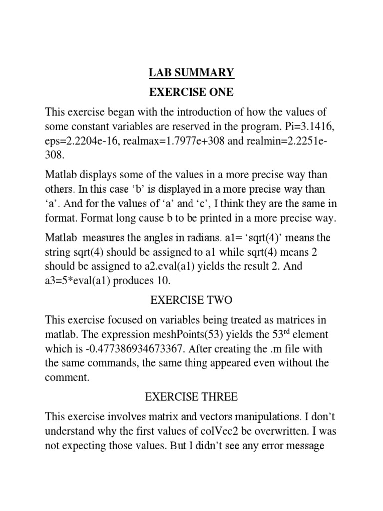 An Analysis of MATLAB Exercises Focused on Numerical Computing Concepts Such as Variables ...