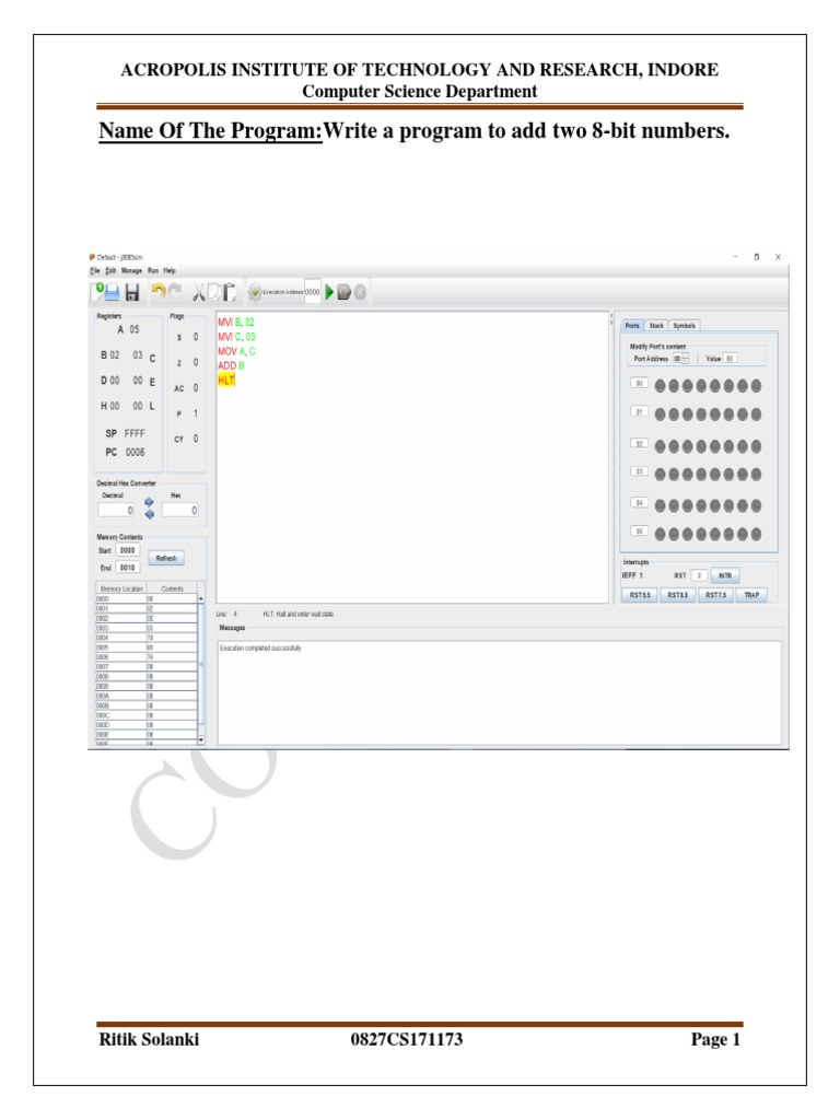Name of The Program:Write A Program To Add Two 8-Bit Numbers | PDF ...