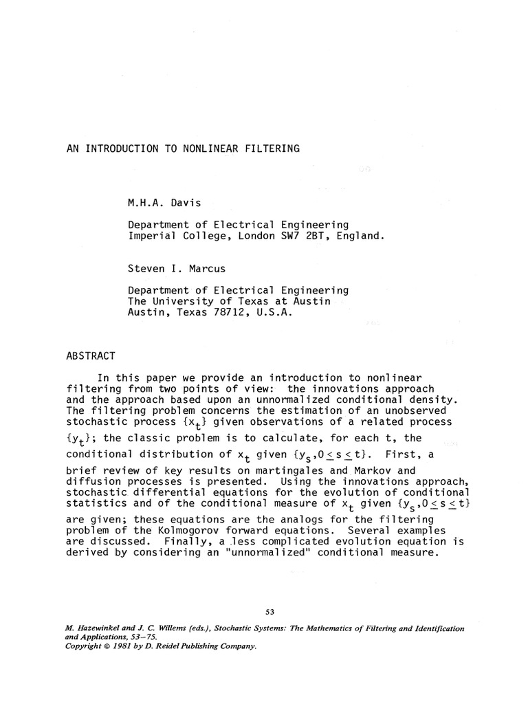 An Introduction To Nonlinear Filtering | PDF | Stochastic Process | Nonlinear System