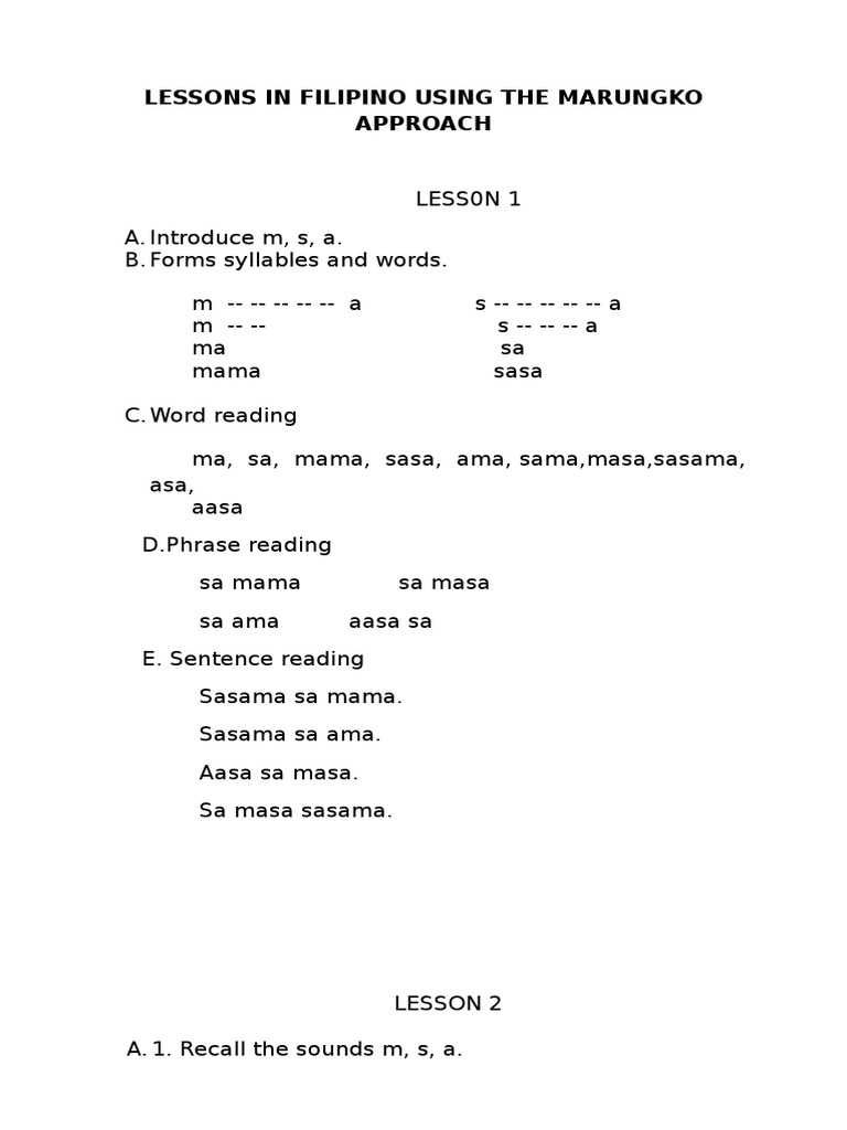 Lessons in Filipino Using The Marungko Approach | PDF | Language ...