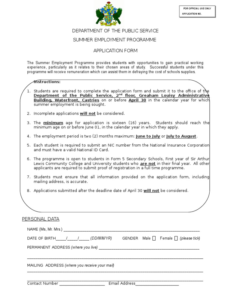 Summer Employment Application Form | PDF | Postgraduate Education ...