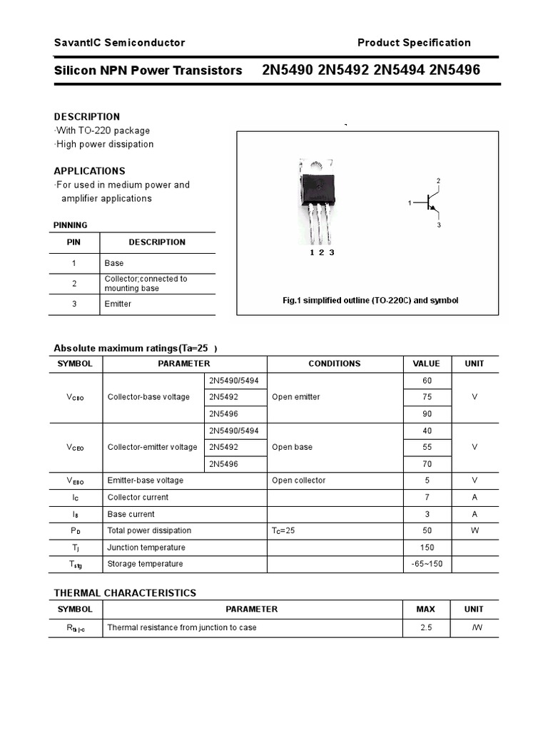 Silicon NPN Power Transistors: 2N5490 2N5492 2N5494 2N5496 | PDF ...