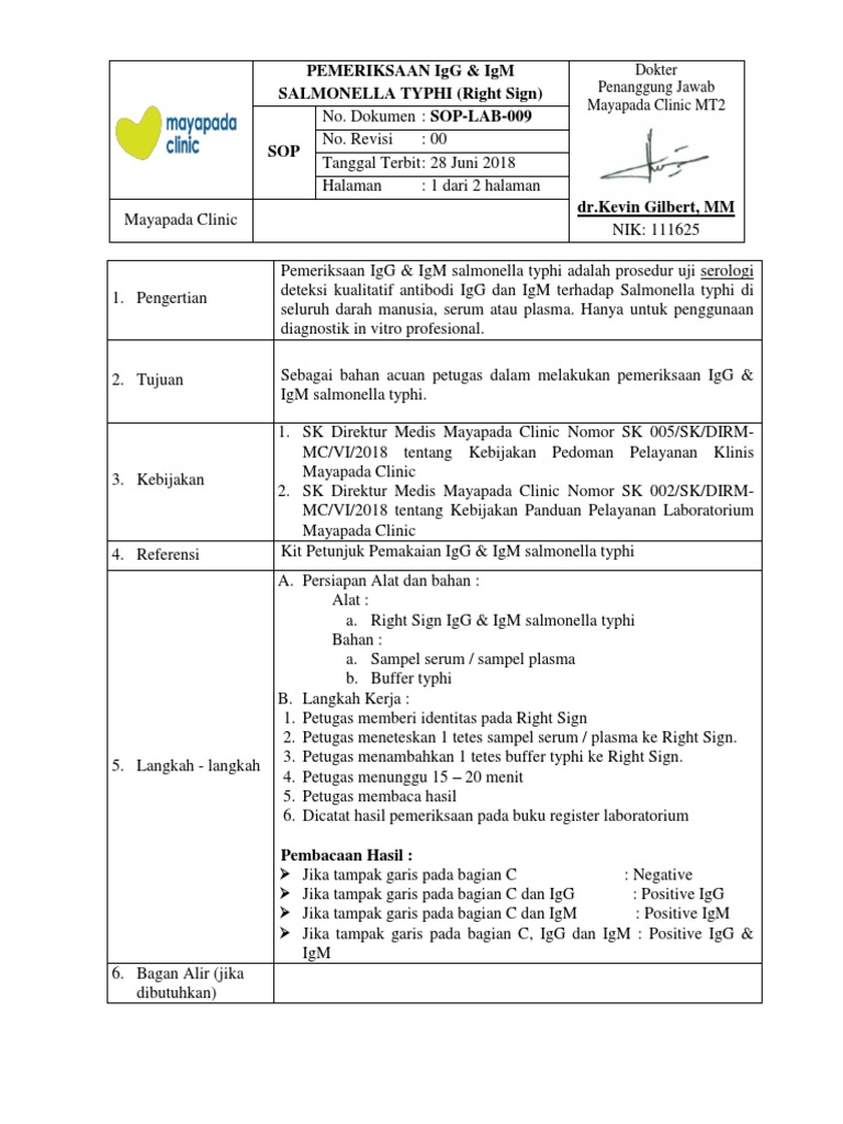 SOP-LAB-009 Pemeriksaan IgG & IgM Salmonella Typhi | PDF