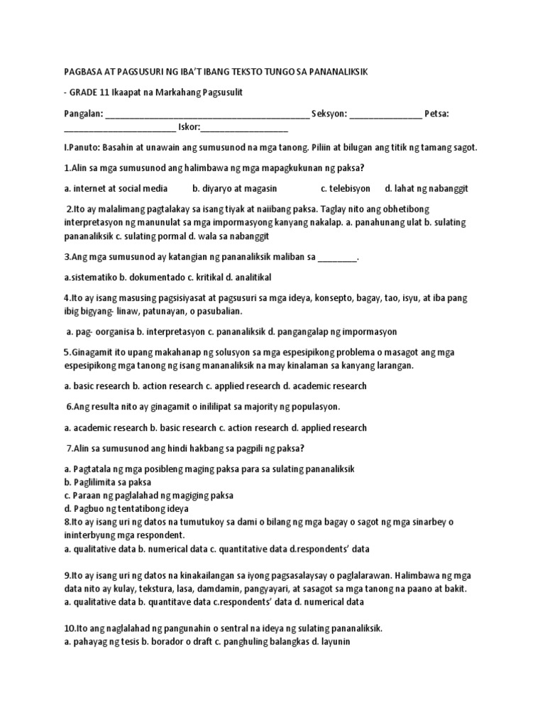Sample Exam NG 4th Grading - Downloaded | PDF