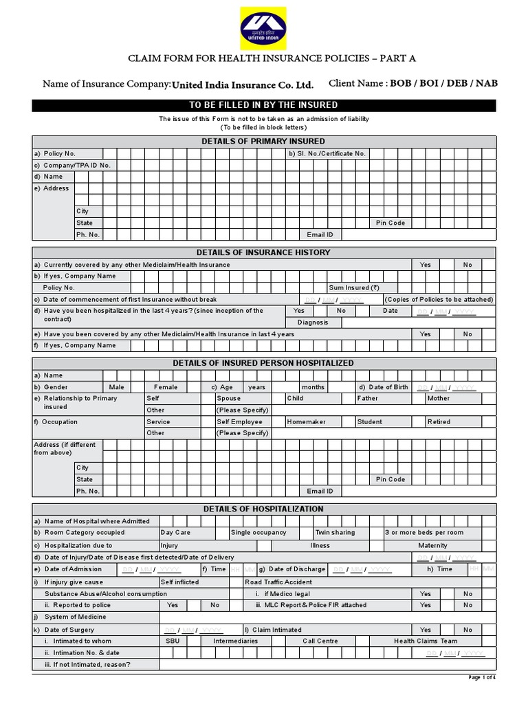 Claim Form For Health Insurance Policies - Part A Name of Insurance ...