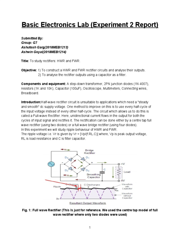 Basic Electronics Lab (Experiment 2 Report) : Submitted By: Group: G7 Ashutosh Garg (2018MEB1213 ...