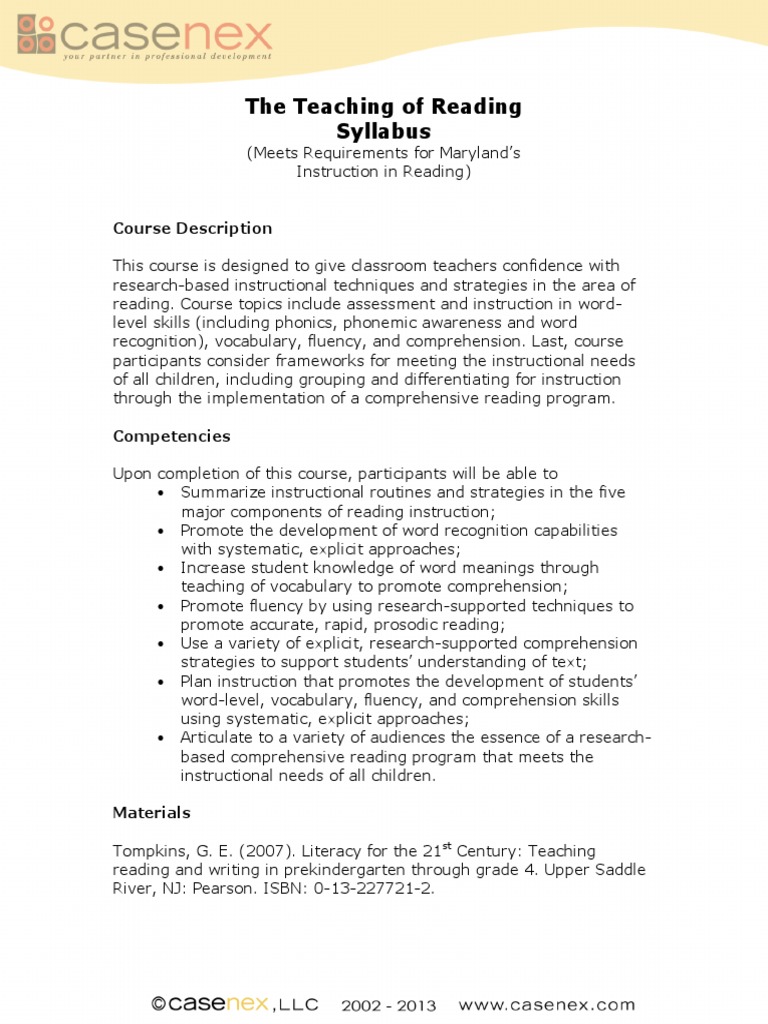 The Teaching of Reading Syllabus: Course Description | PDF | Phonics ...