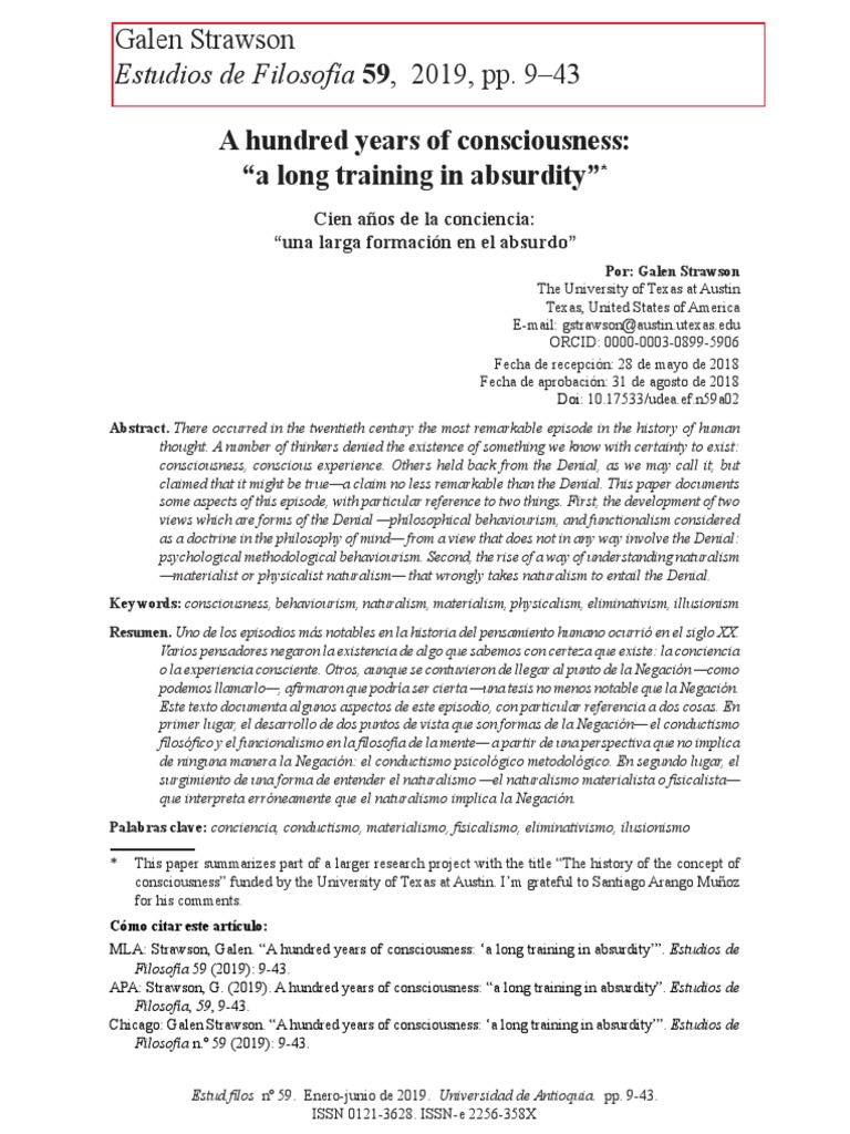 A Hundred Years of Consciousness Galen Strawson | PDF | Aparición ...