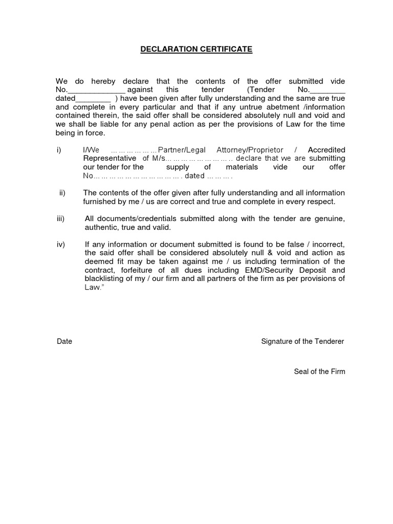 Clix Capital Tender Declaration Certificate | PDF