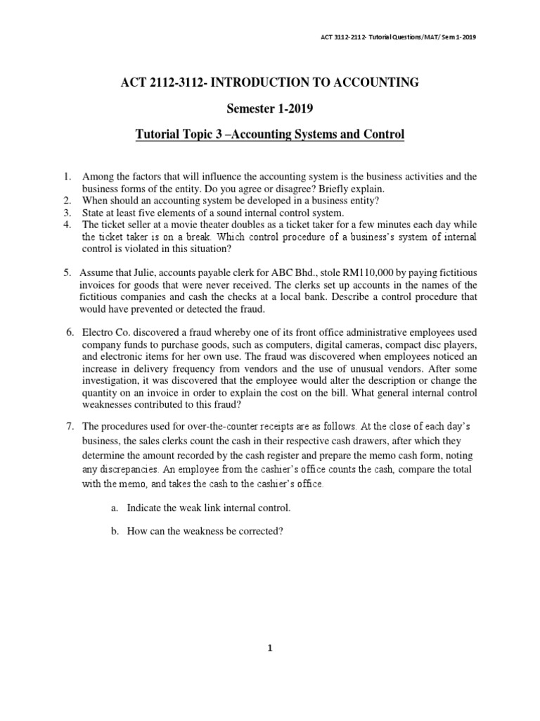 Act 2112-3112-Introduction To Accounting Semester 1-2019 Tutorial Topic ...