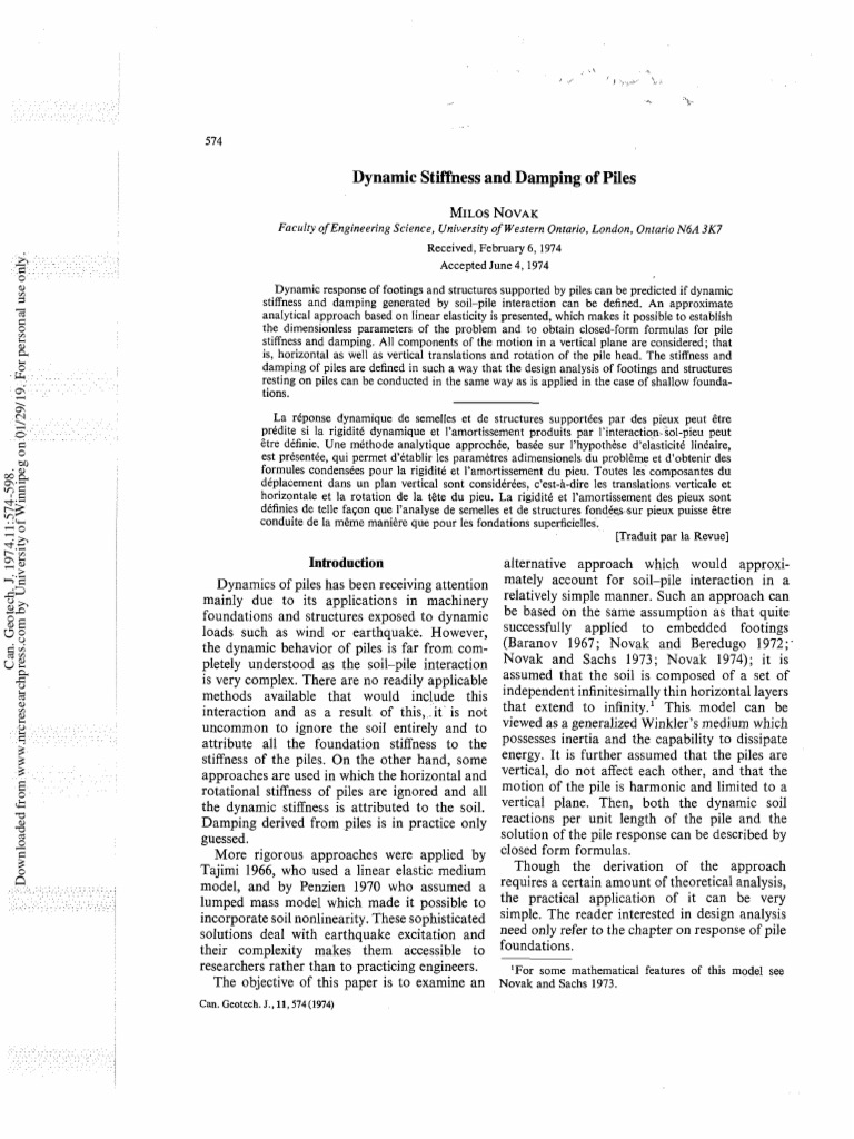 Dynamic Stiffness and Damping of Piles: Novak | PDF | Stiffness | Geotechnical Engineering