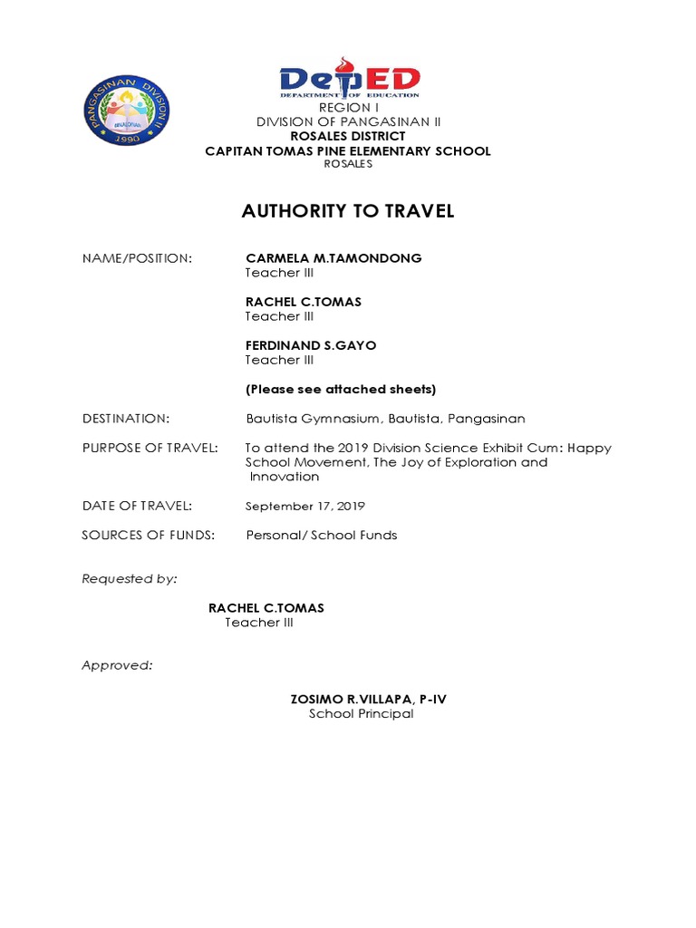 Authority To Travel: Rosales District Capitan Tomas Pine Elementary ...