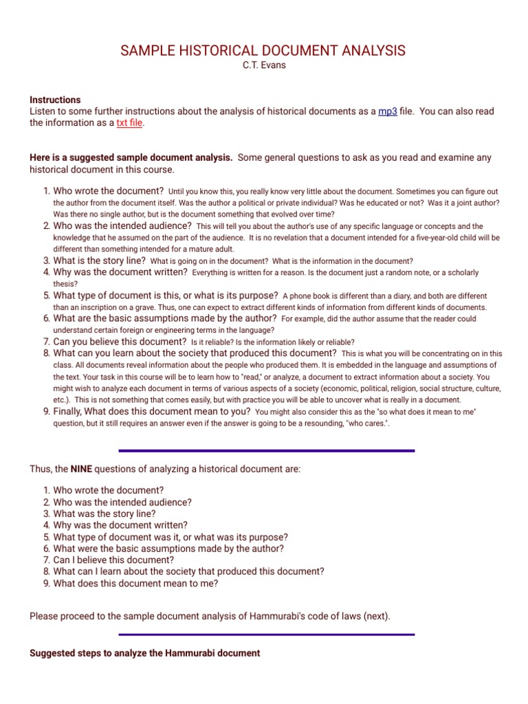 Sample Historical Document Analysis Pdf Hammurabi Judgment Law