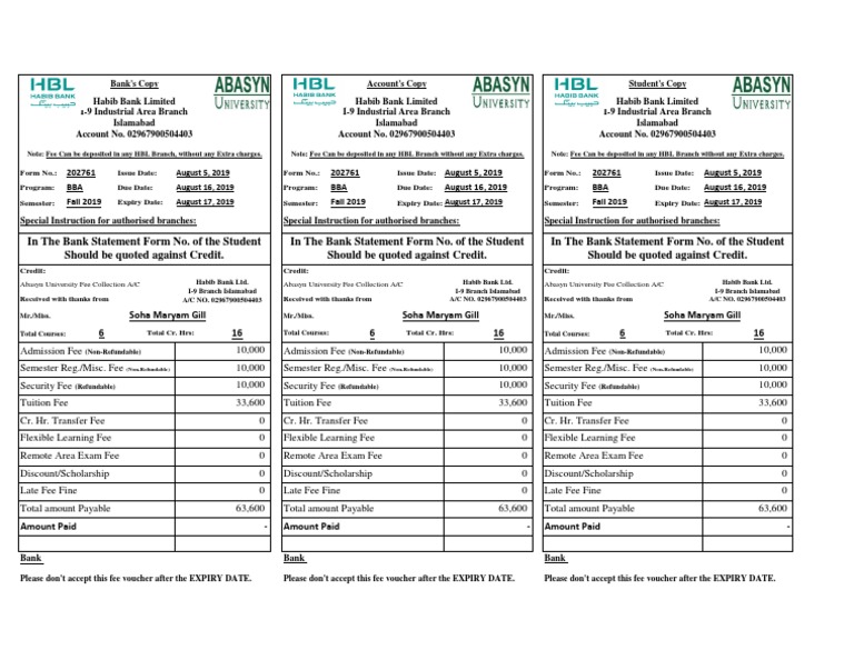 Bank Fee Payment Receipt for Student Soha Maryam Gill of Abasyn ...