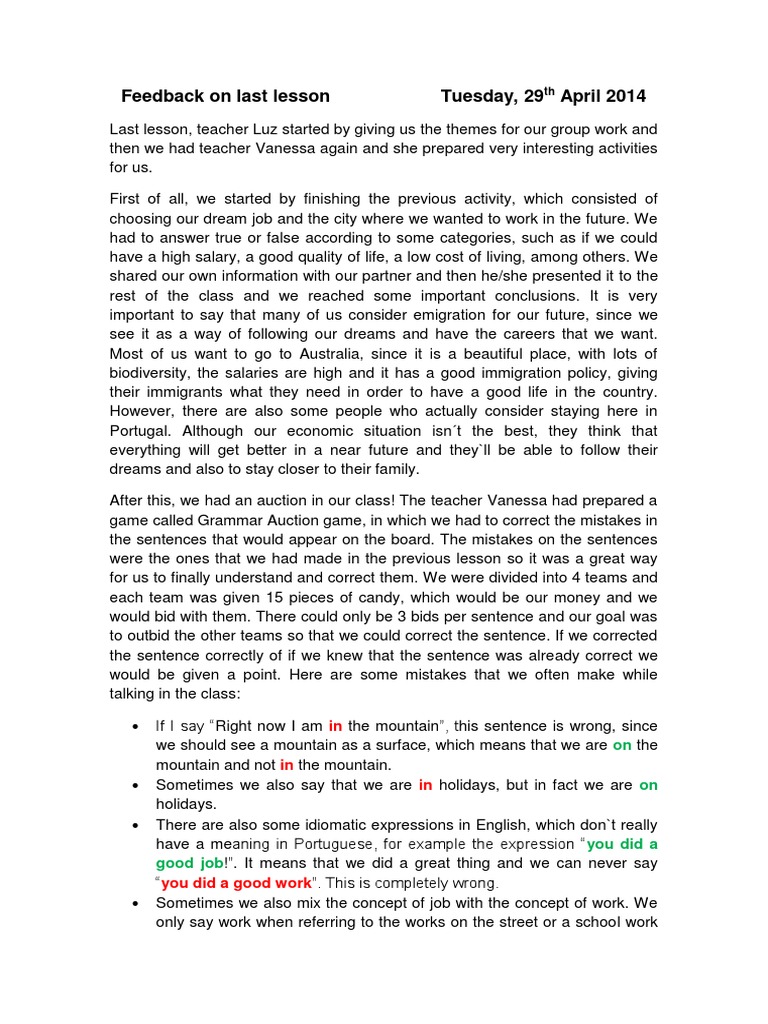 30 - 11A1 - Feedback On Last Lesson | PDF | Subject (Grammar) | Cognition