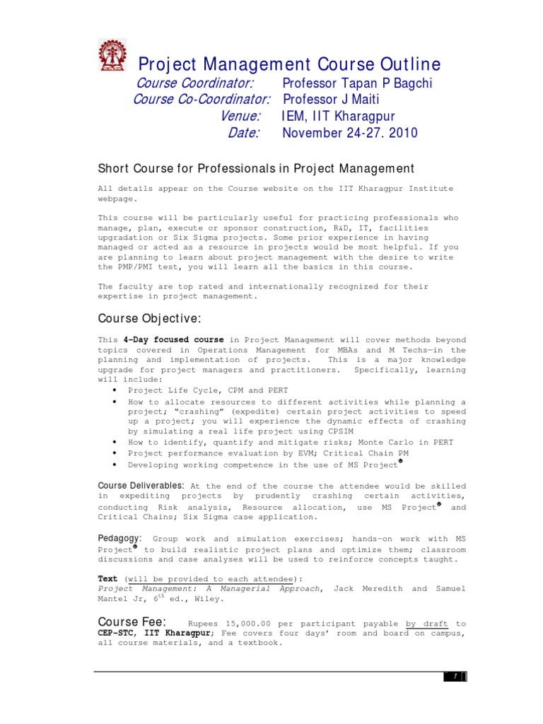 Project Management Course Outline: Course Coordinator: Course Co ...