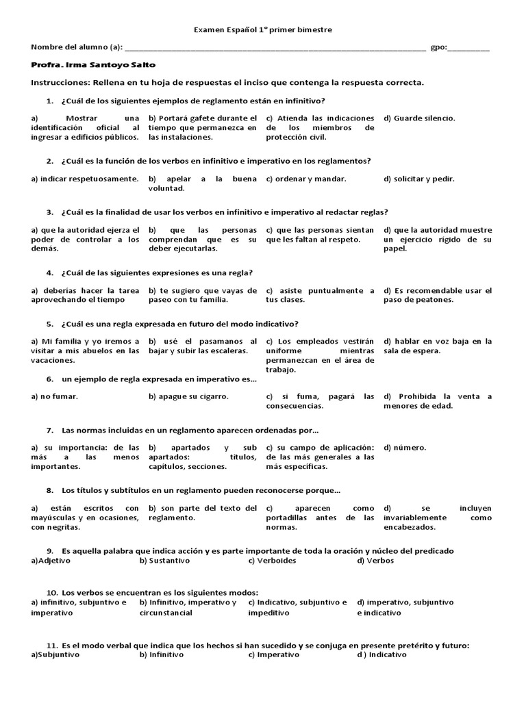 Examen Español 1° Bimestre: Verbos y Reglas | PDF | Verbo | Relaciones ...