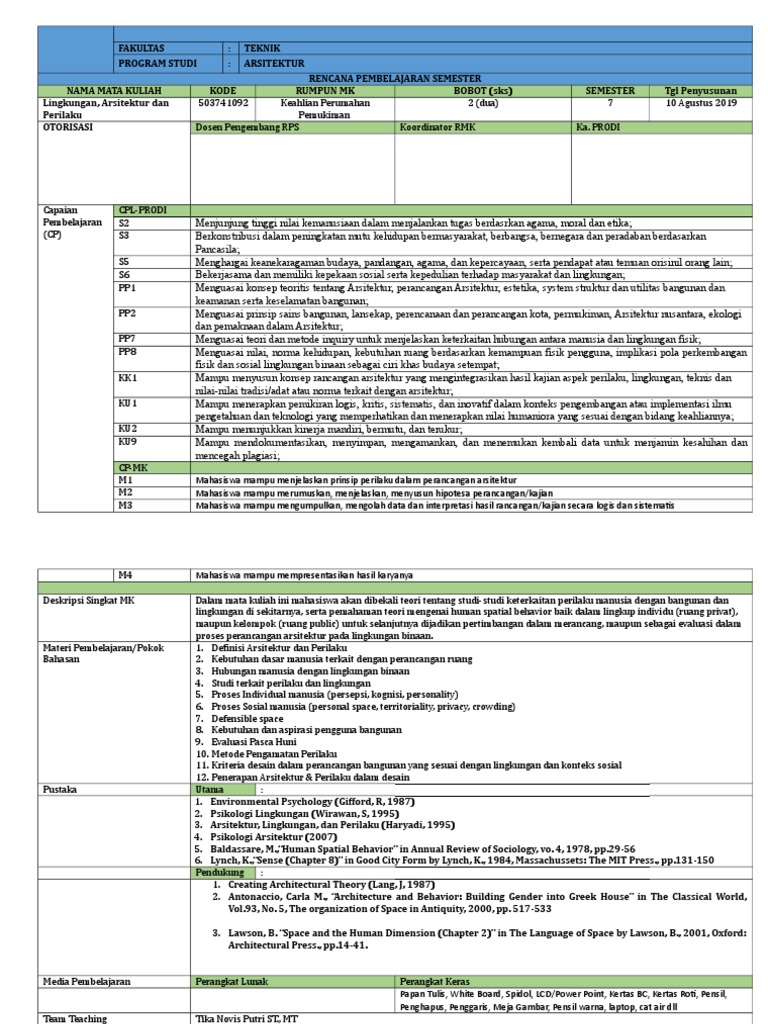 RPS MK Lingkungan, Arsitektur, Dan Perilaku E02 | PDF