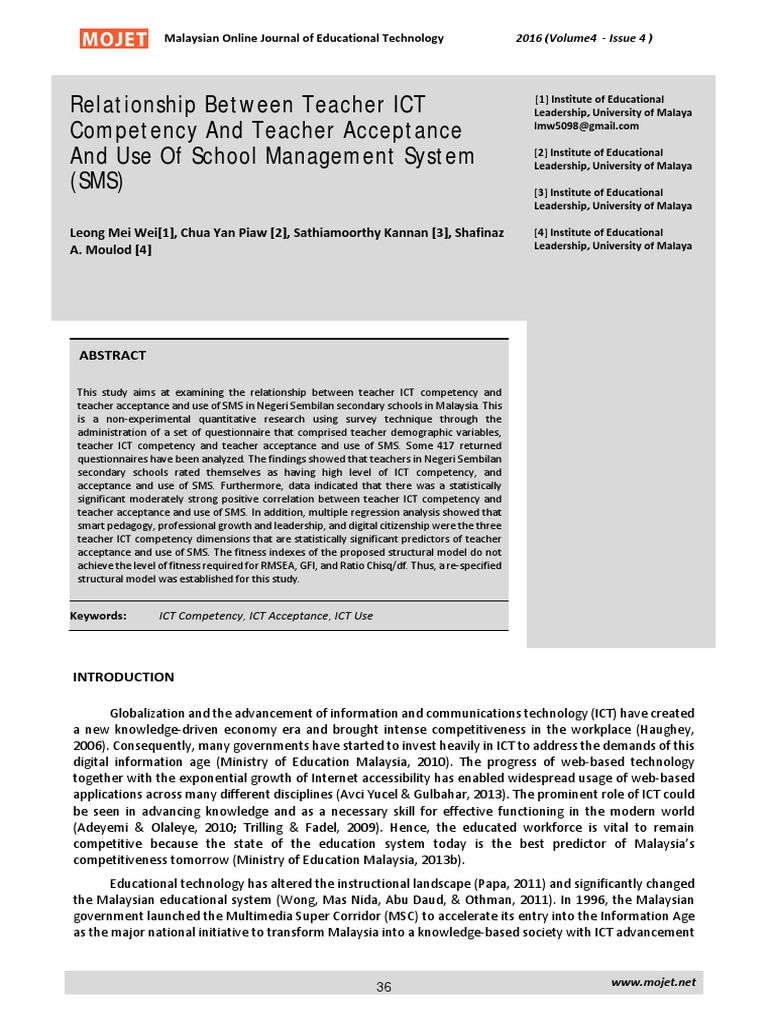 Relationship Between Teacher ICT Competency and Teacher Acceptance and ...