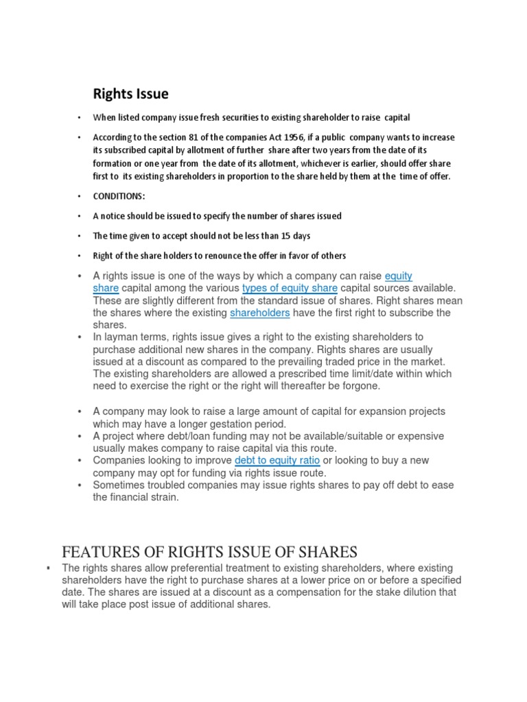 Features of Rights Issue of Shares | PDF | Stocks | Equity (Finance)