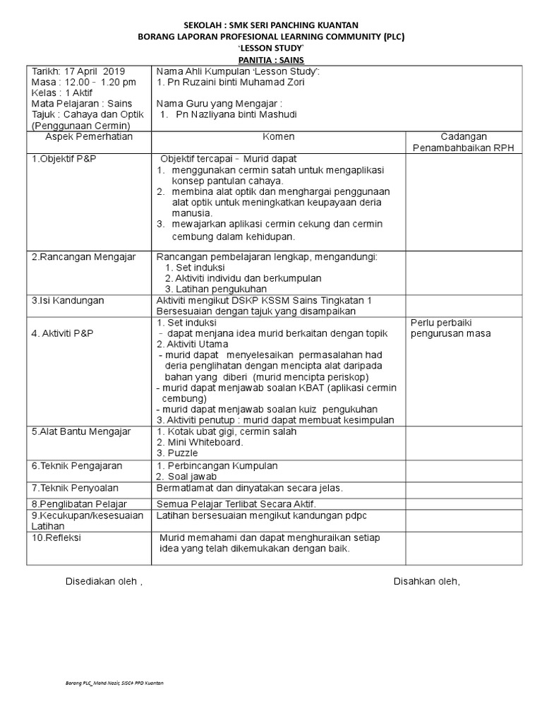 Sekolah: SMK Seri Panching Kuantan Borang Laporan Profesional Learning ...