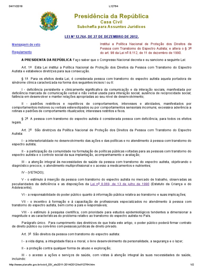 Lei 12764 | PDF | Autismo | Espectro do autismo