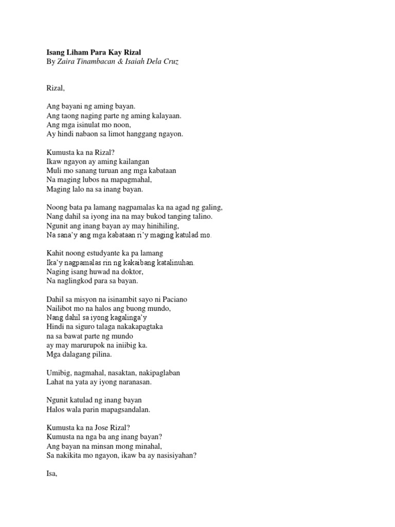 Isang Liham para Kay Rizal by Zaira Tinambacan & Isaiah Dela Cruz | PDF