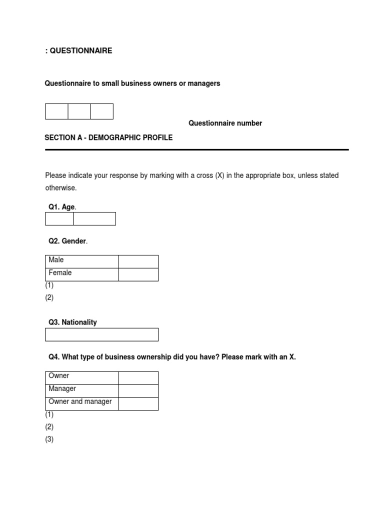 Questionnaire: Questionnaire To Small Business Owners or Managers | PDF ...