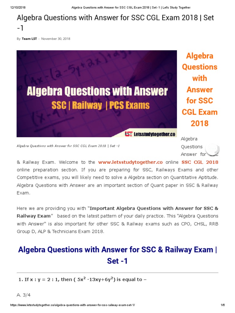 Algebra Questions With Answer For SSC CGL Exam 2018 - Set - 1 | PDF