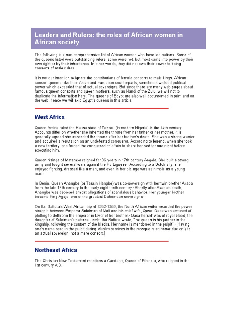Leaders and Rulers The Roles of African Women in African Society | PDF