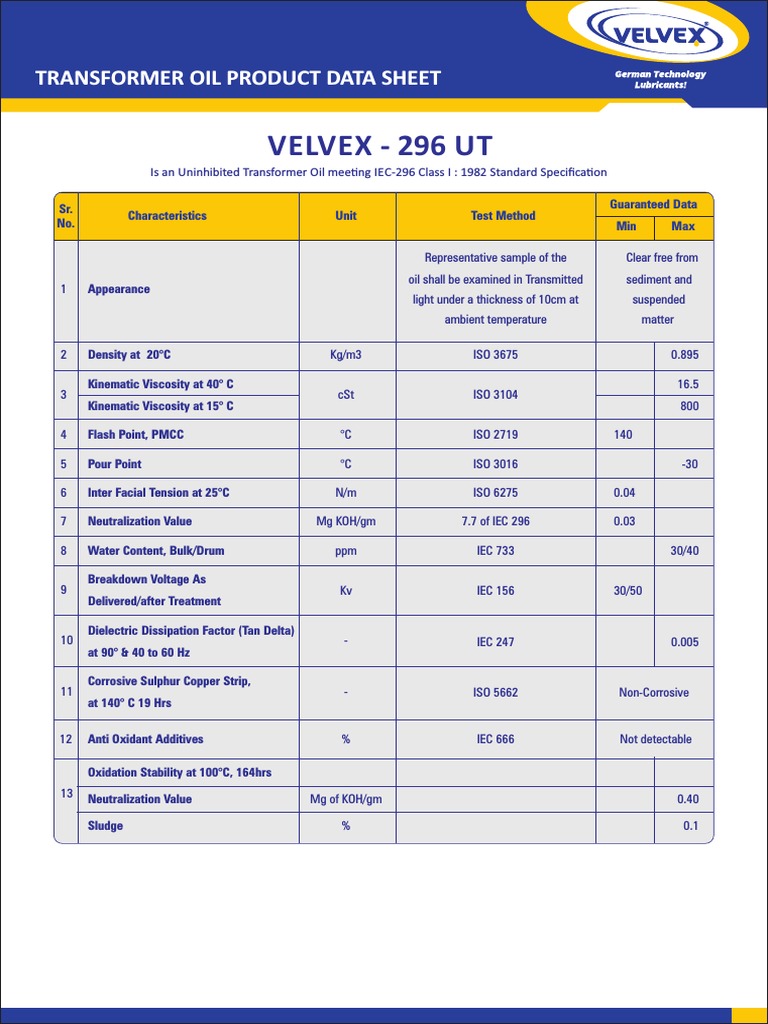 Velvex - 296 Ut: Transformer Oil Product Data Sheet | PDF | Corrosion ...