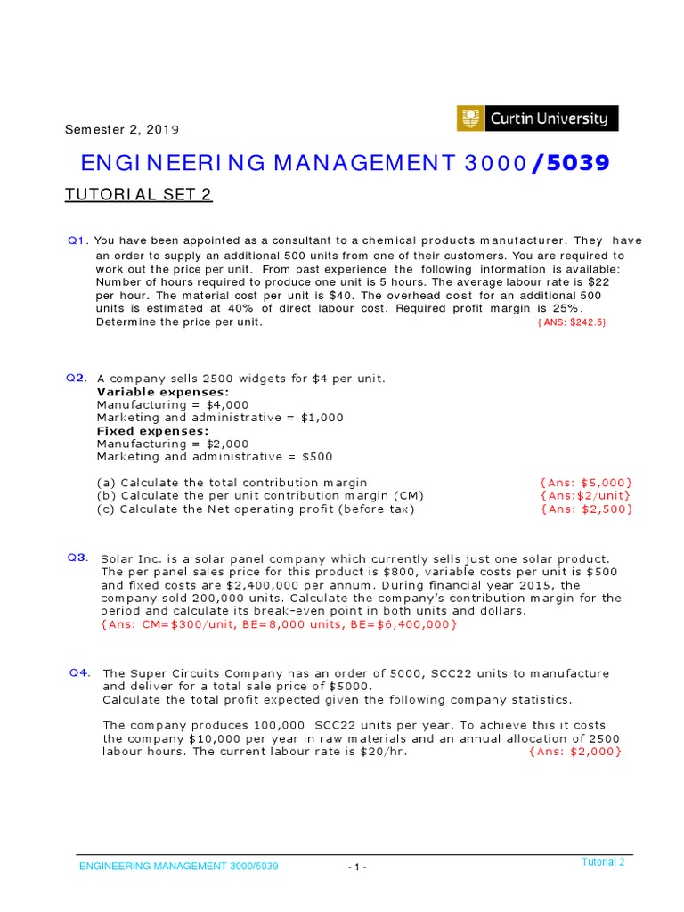 EM3000 Tutorial Set 2 Break Even Analysis and Product Mix Optimization | PDF | Business ...