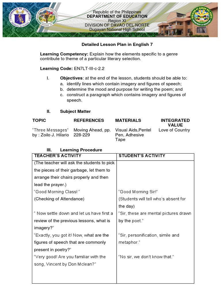 Grade 7 Poetry Lesson Plan | PDF | Poetry | Lesson Plan