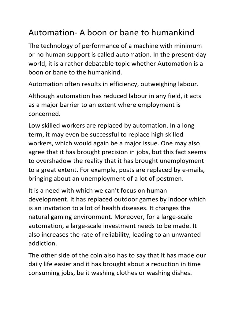 Automation-A Boon or Bane To Humankind | PDF