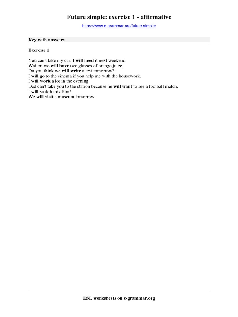 Future Simple Exercise 1 Key PDF | PDF