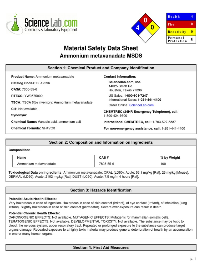 Ammonium Metavanadate MSDS Overview | PDF | Toxicity | Solubility